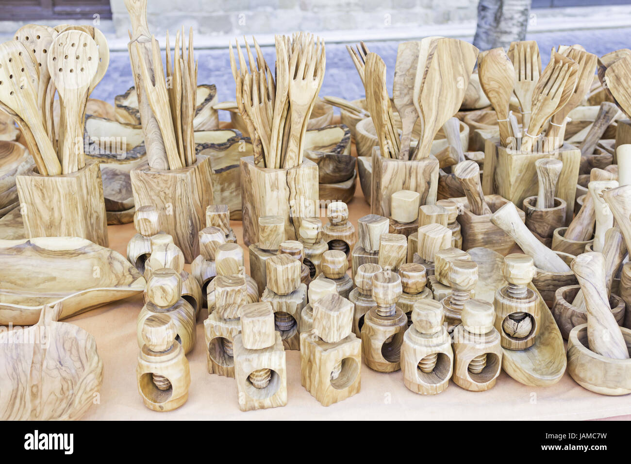 Covered wooden handicraft trade market, objects Stock Photo - Alamy