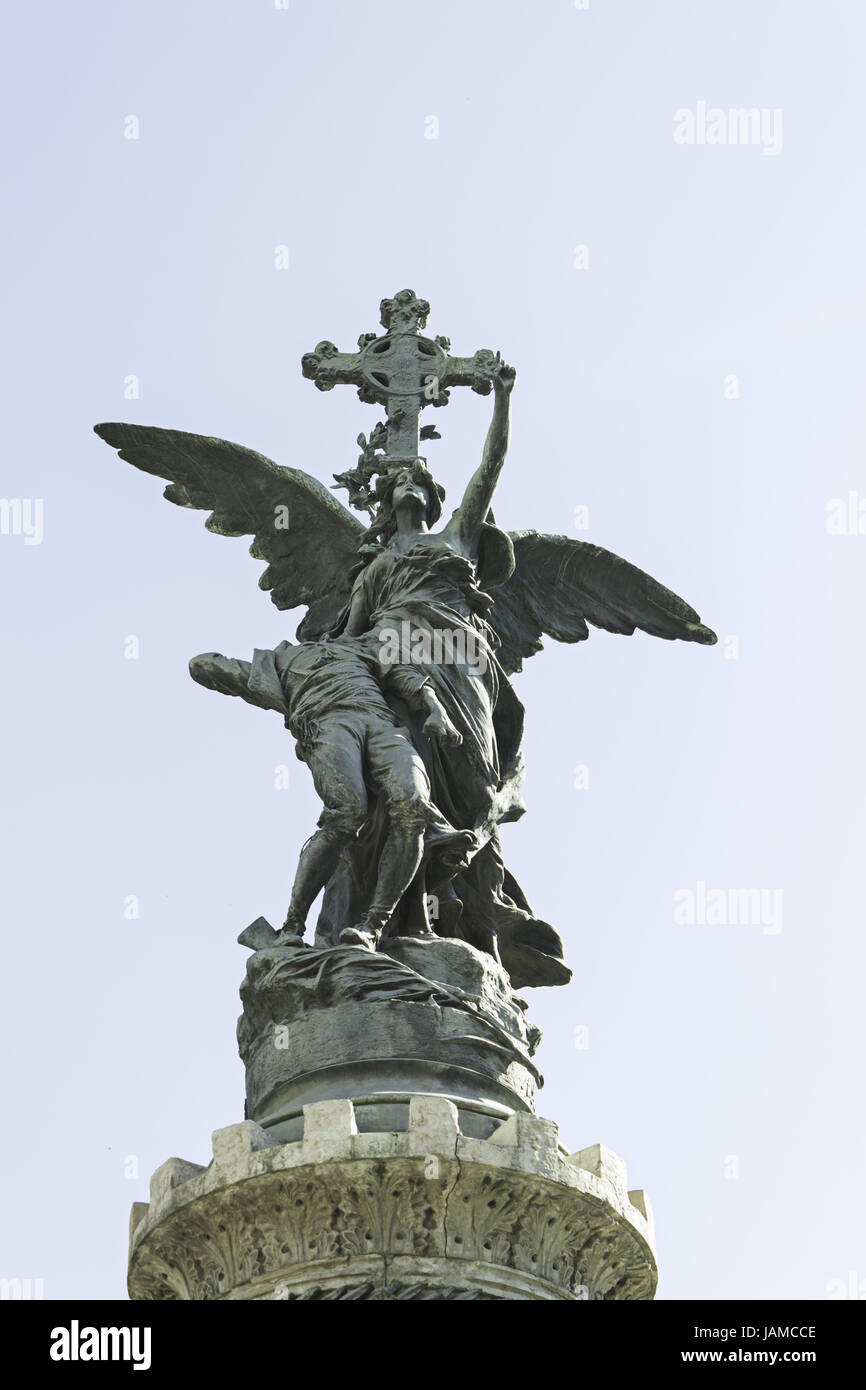 Angel with cross on stone statue in place, religion and construction ...