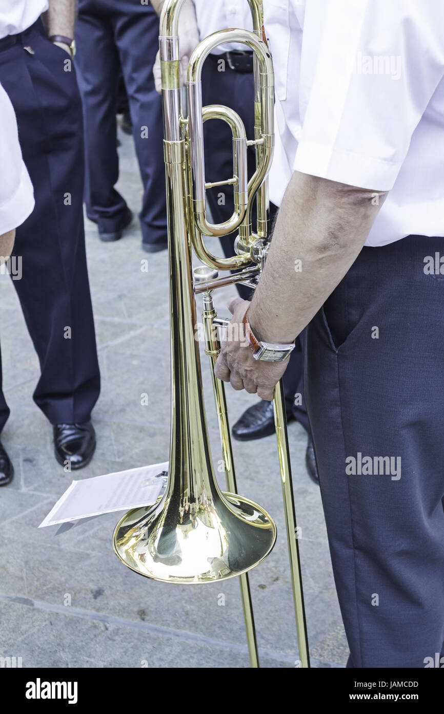 Musician and trumpet in celebration in Navarre, music and event Stock ...