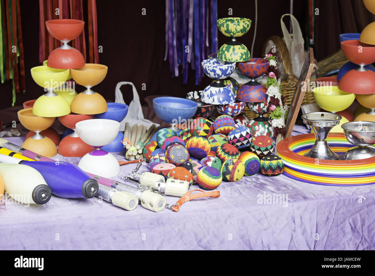 Objects of juggling selling and trading market, ball and maces Stock ...