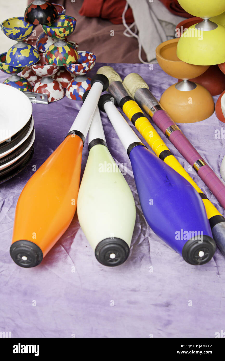 Objects of juggling selling and trading market, ball and maces Stock ...