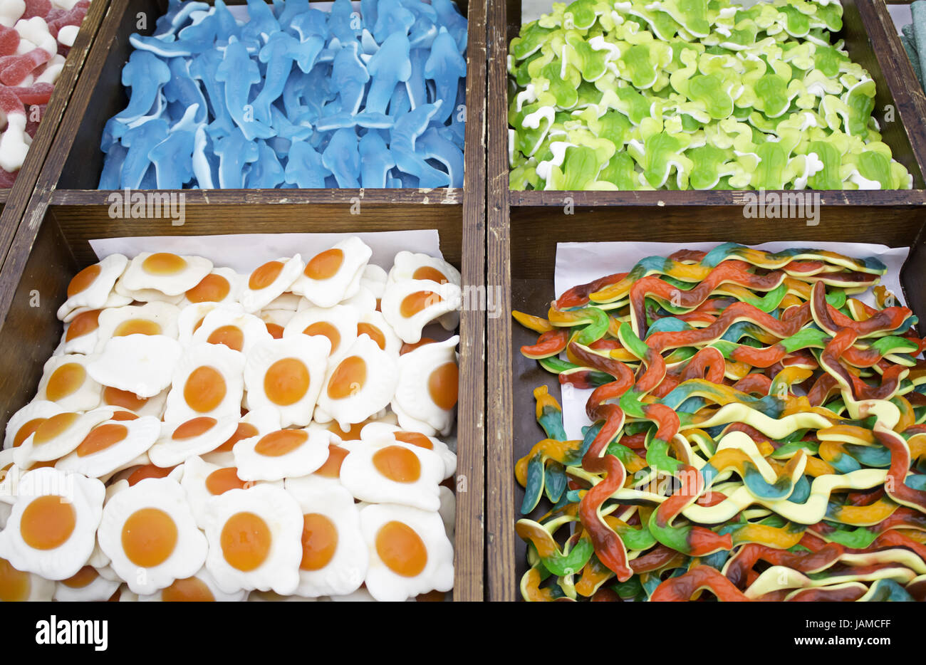 Assorted jellies and candy store different colors in feeding, food and ...