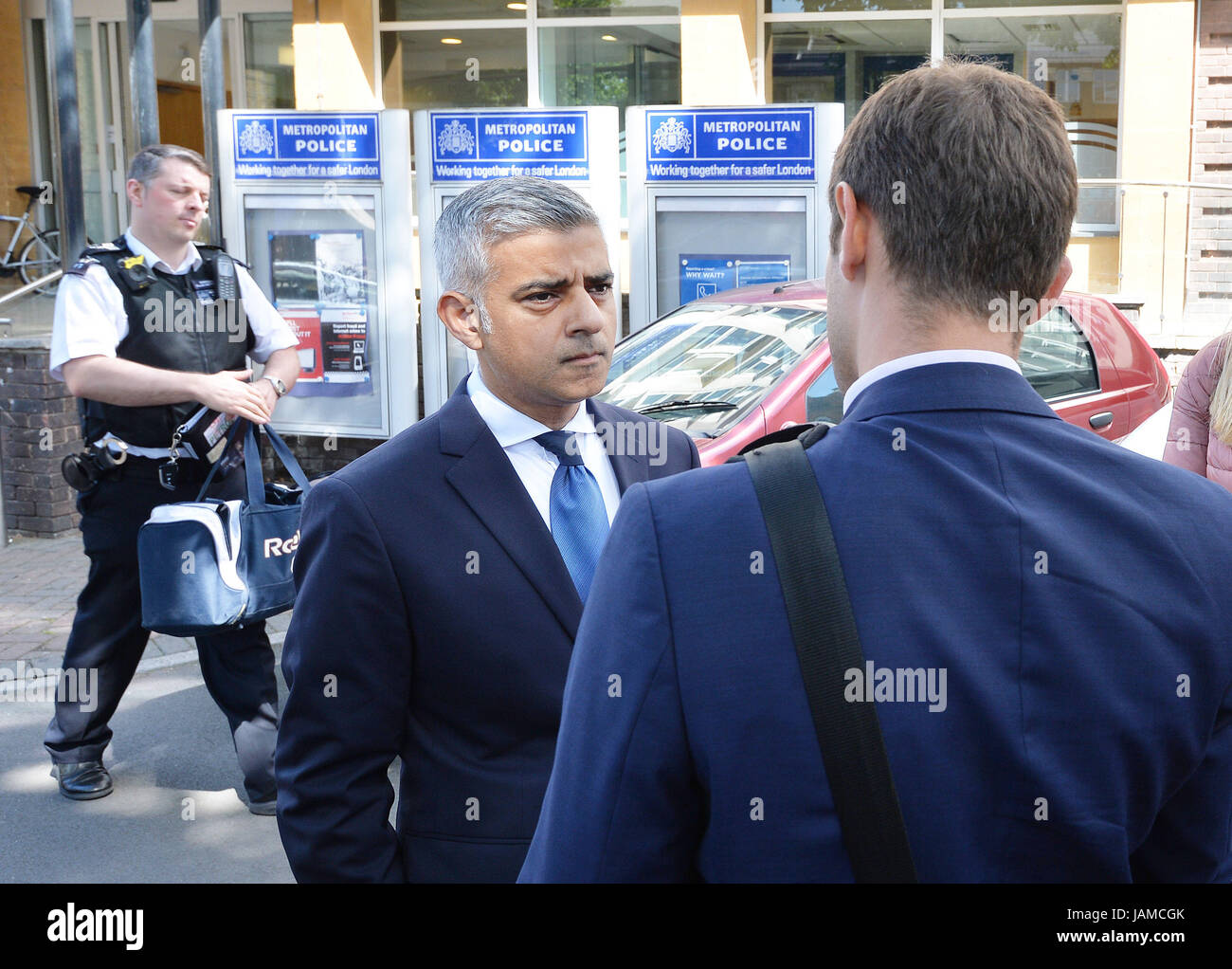 Mayor of London Sadiq Khan talks to the media outside Brixton police ...
