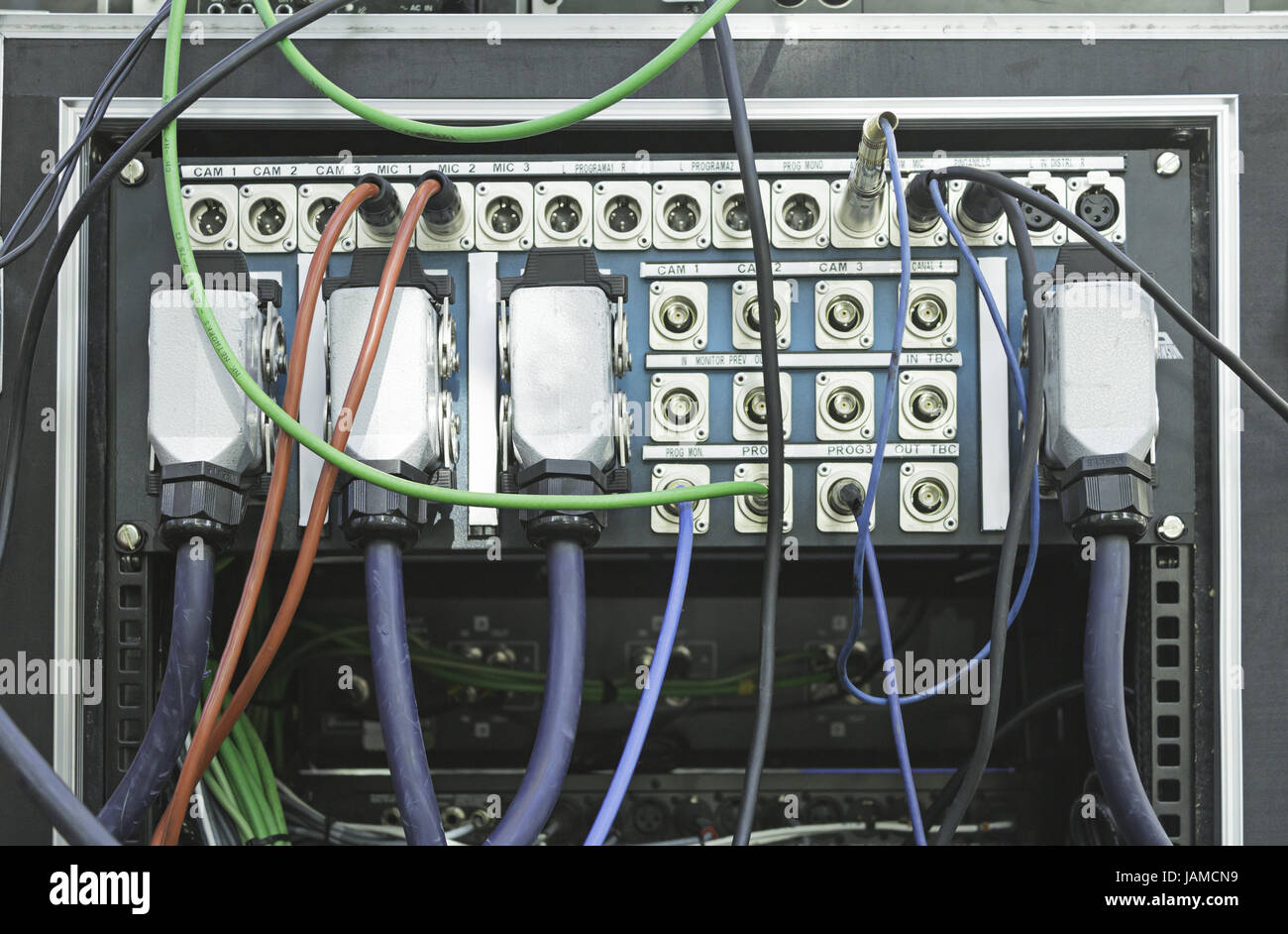 Speaker sound cables in event, party and concert Stock Photo - Alamy