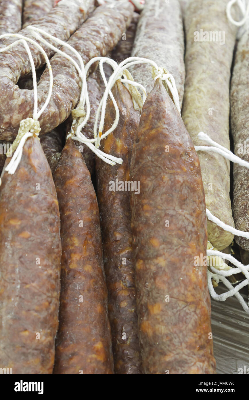 Sausage varied food market, meat Stock Photo - Alamy