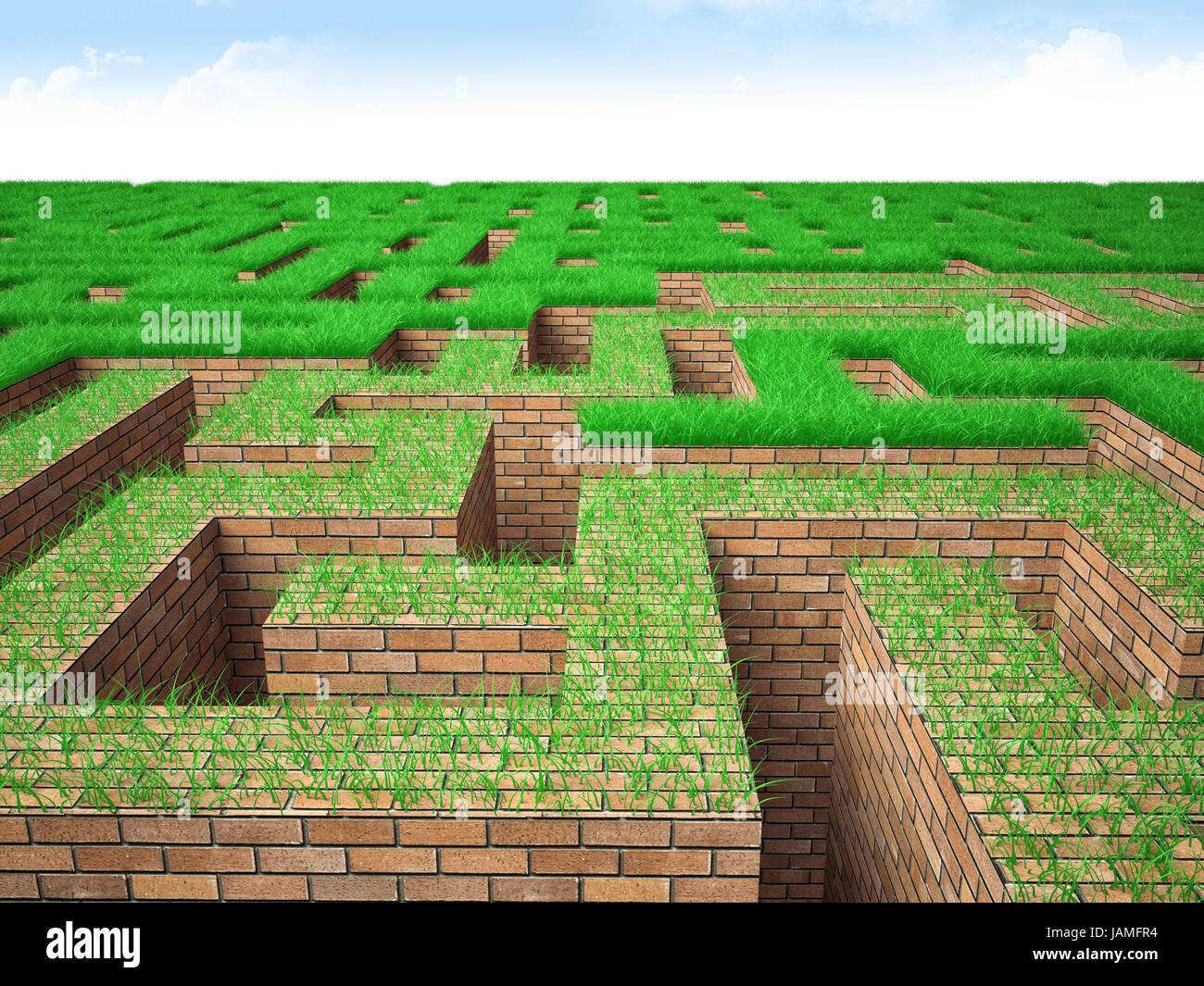 3d image of brick maze and green grass Stock Photo - Alamy