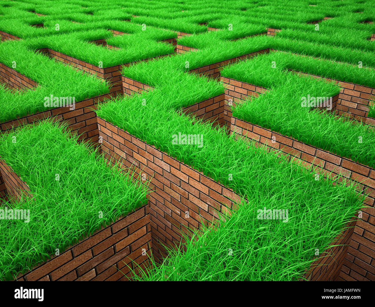 3d image of brick maze and green grass Stock Photo - Alamy