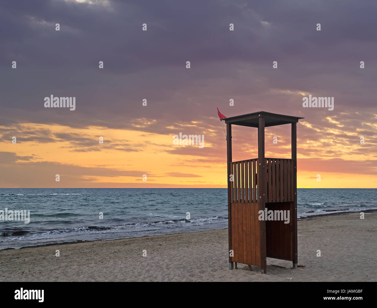 lifeguard tower by Platamona foreshore at dusk Stock Photo - Alamy