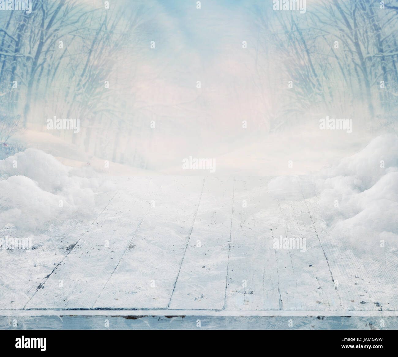 Winter design - Christmas background with Frozen wooden table with ...