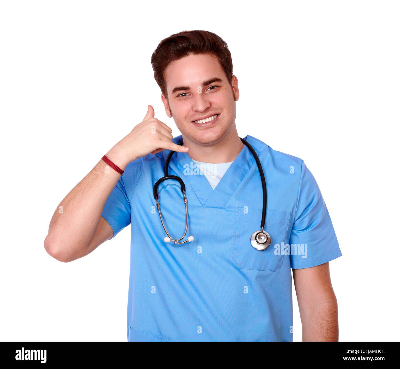 Portrait of a charming nurse man on blue uniform with calling sign ...