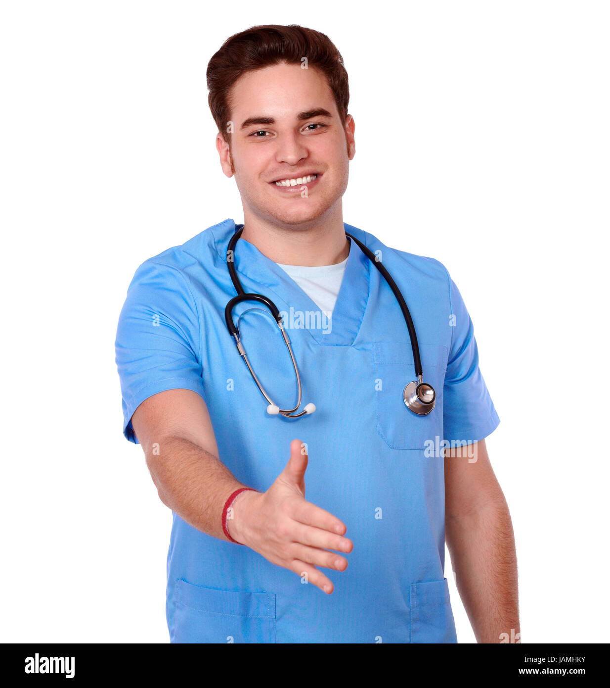 Portrait of a handsome male nurse with greeting gesture standing and ...