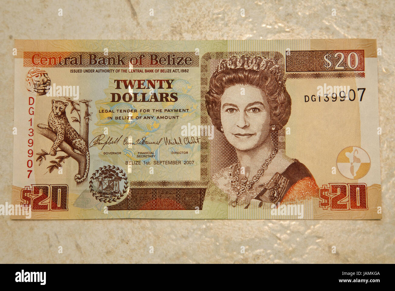 Belize,Punta Gorda,bank note,20 dollars,Queen Elisabeth Stock Photo - Alamy
