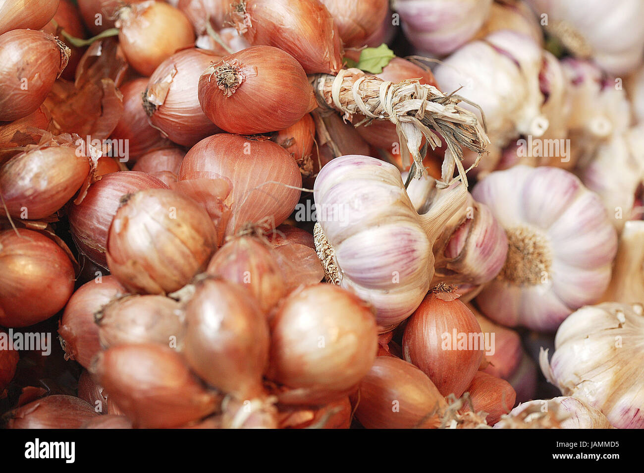 Garlic,Allium savitum,shallots,Allium escalonicum,market stall Stock ...