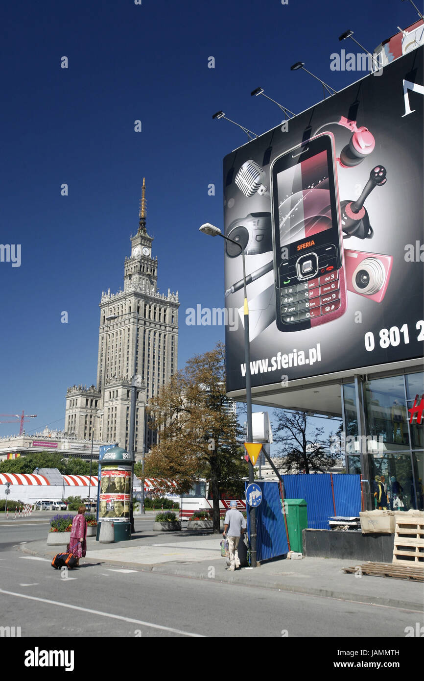 Poland,Warsaw,centre,tower,cultural palace,street scene,advertisement ...