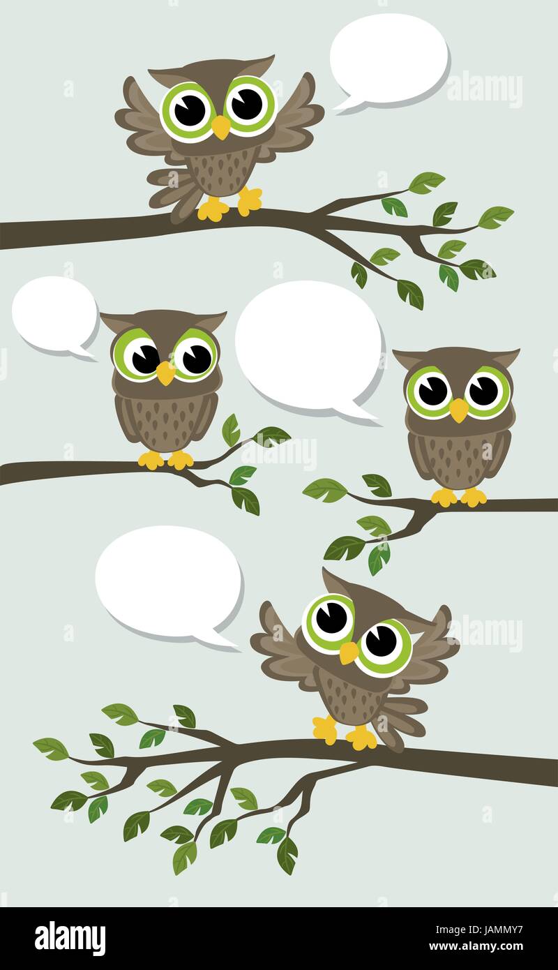illustration of four cute owls meeting with text balloons Stock Vector ...