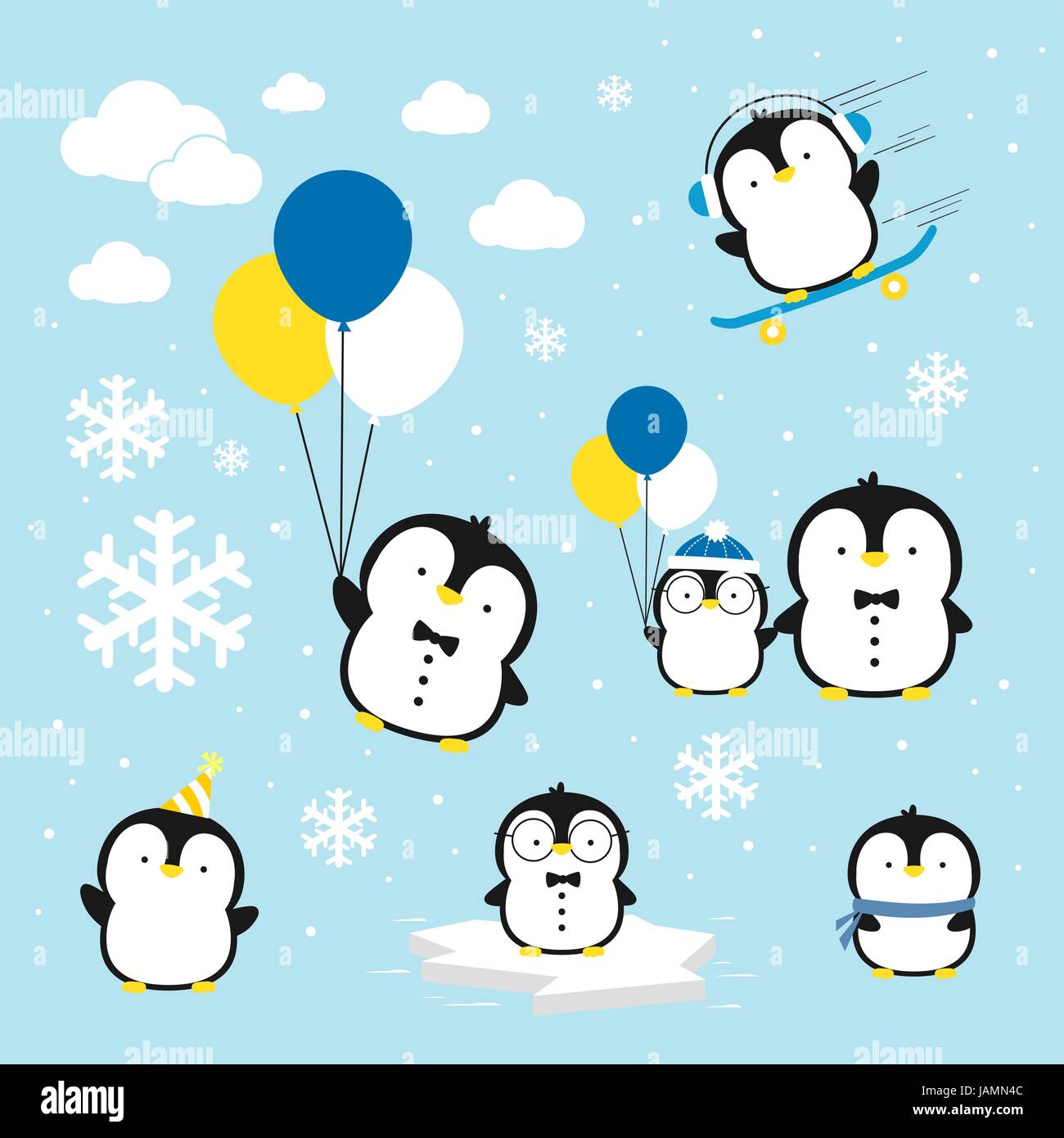 cute little penguins set with design elements isolated on blue ...