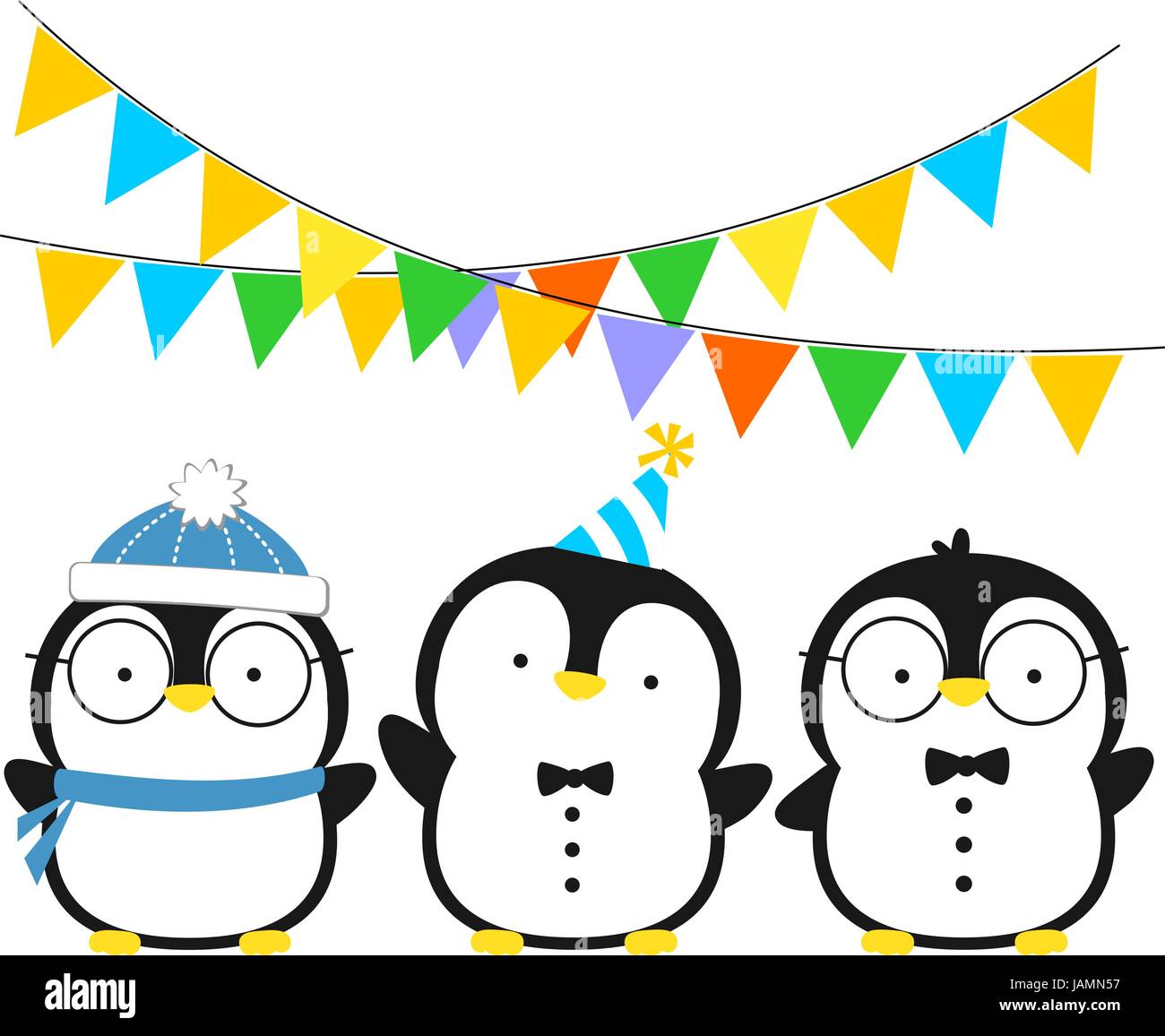 cute three little penguins with hat and party pennants isolated on ...