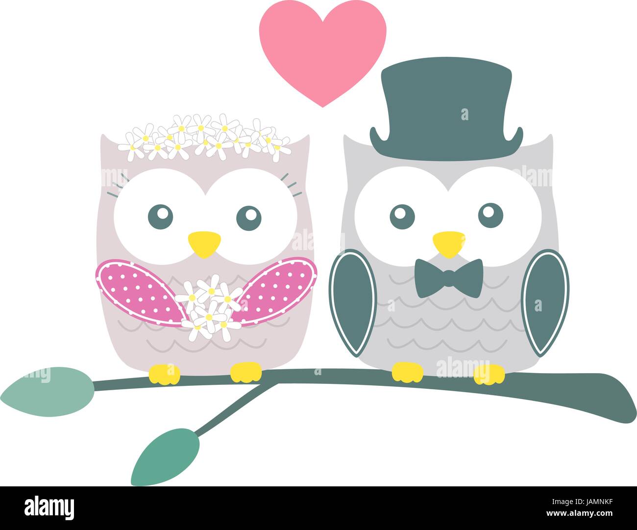 cute bride and groom owls on green branch isolated on white background ...