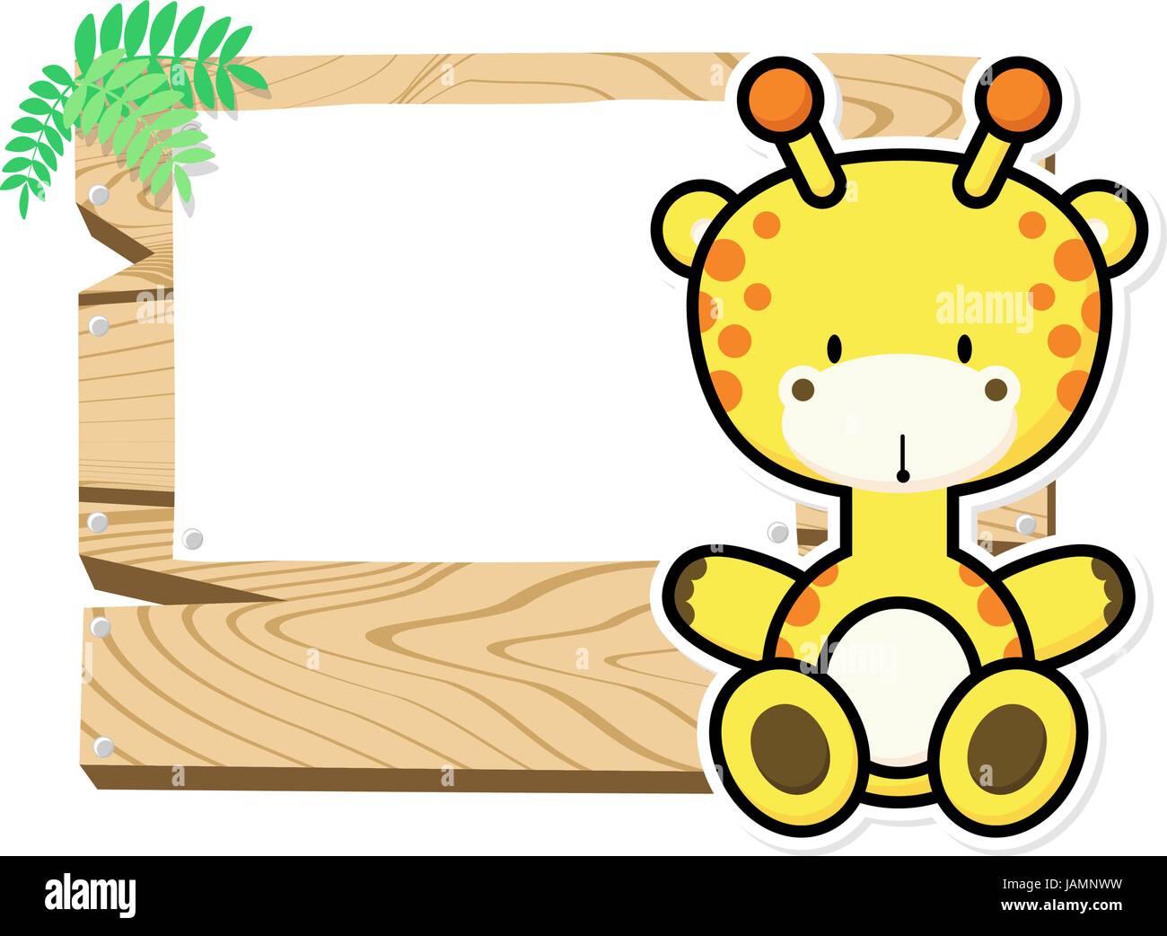 illustration of cute baby giraffe on wooden board with blank sign ...