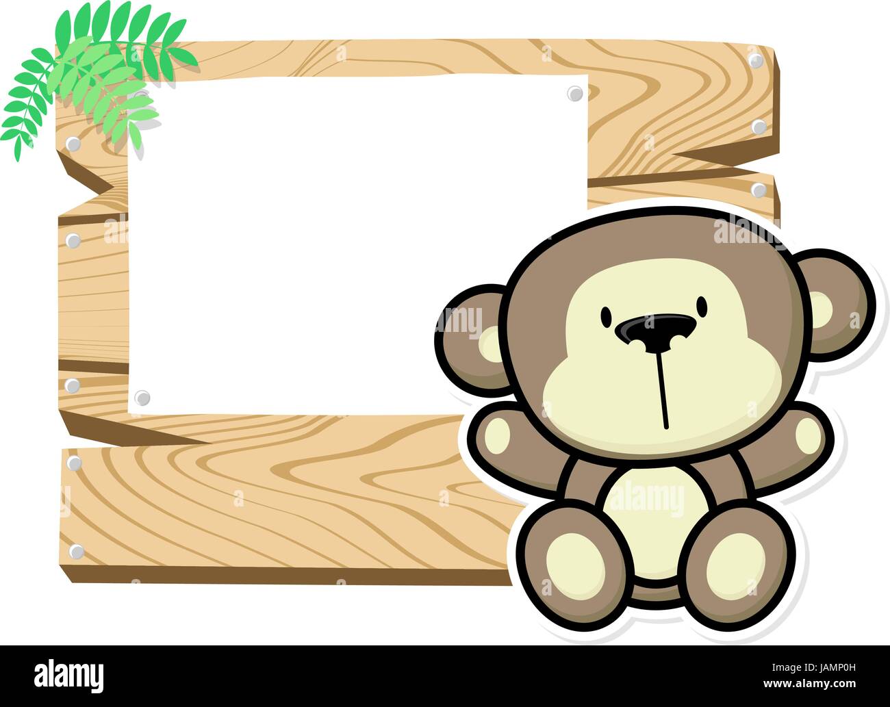 illustration of cute baby monkey on wooden board with blank sign ...
