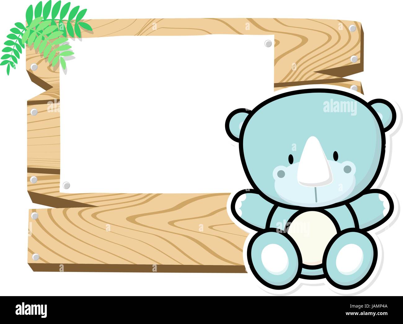 illustration of cute baby rhino on wooden board with blank sign ...