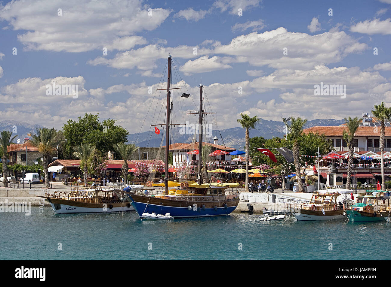 Turkey,Pamphylien,Side,harbour view,ships,cloudy skies,town,port ...
