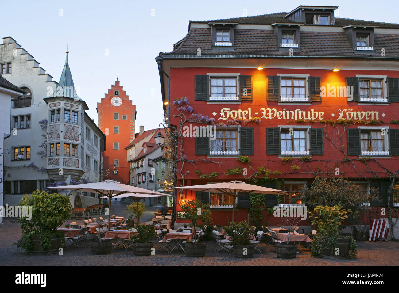 Germany,Baden-Wurttemberg,sea castle in Lake of Constance,hotel,dusk ...