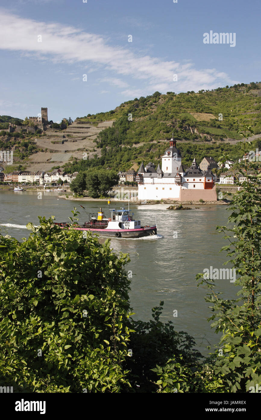 Germany,Rhineland-Palatinate,Kaub,the Rhine,freighter,inch castle count ...