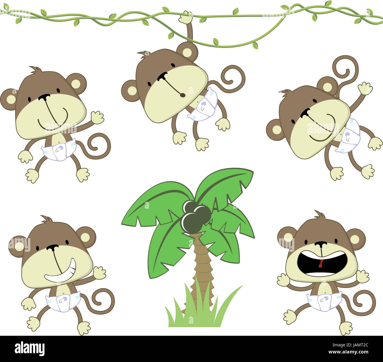 set of baby monkeys with deaper and palmtree isolated on white ...