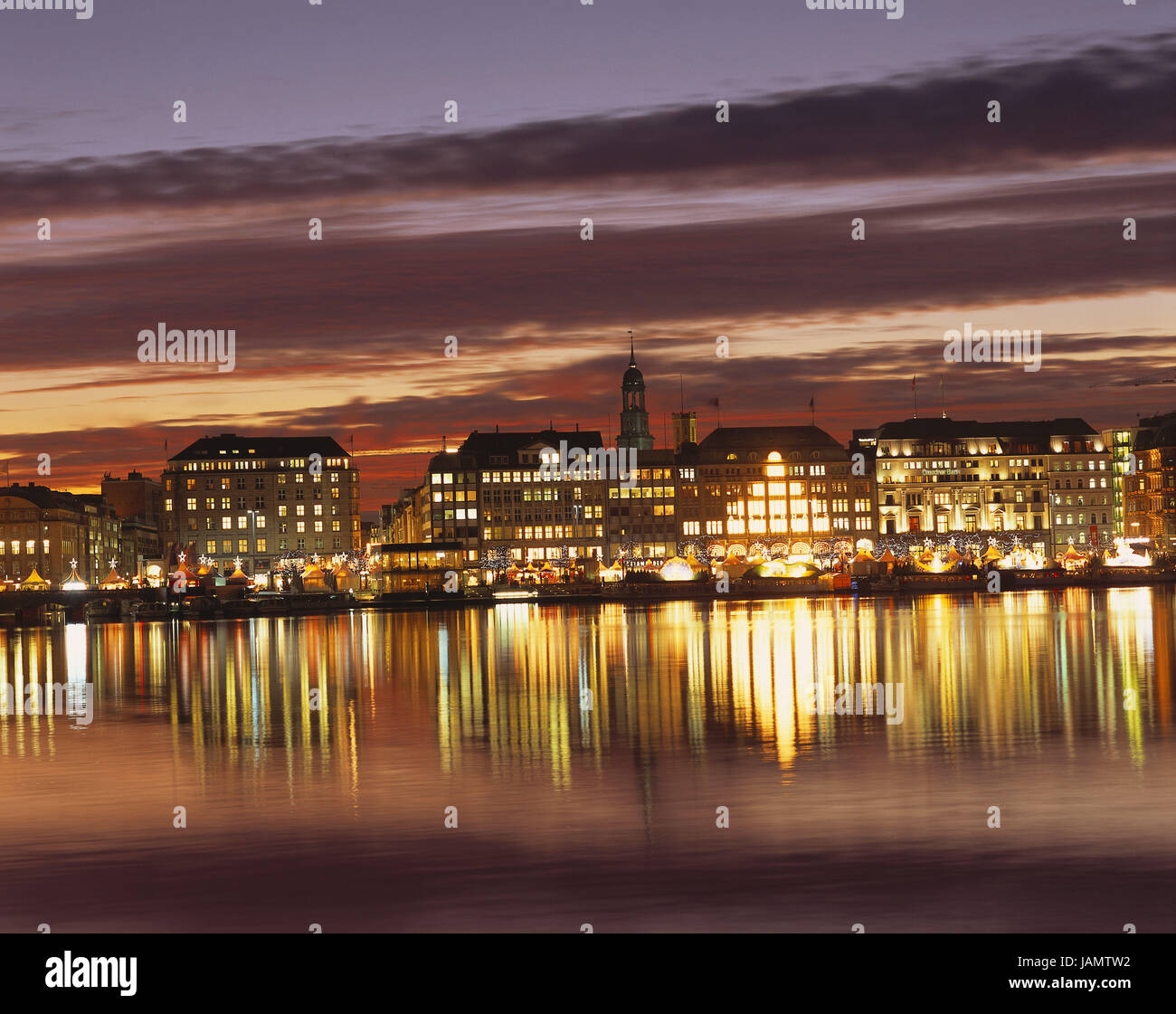 Germany,Hamburg,town view,lights,the Inner Alster,evening,mirroring ...