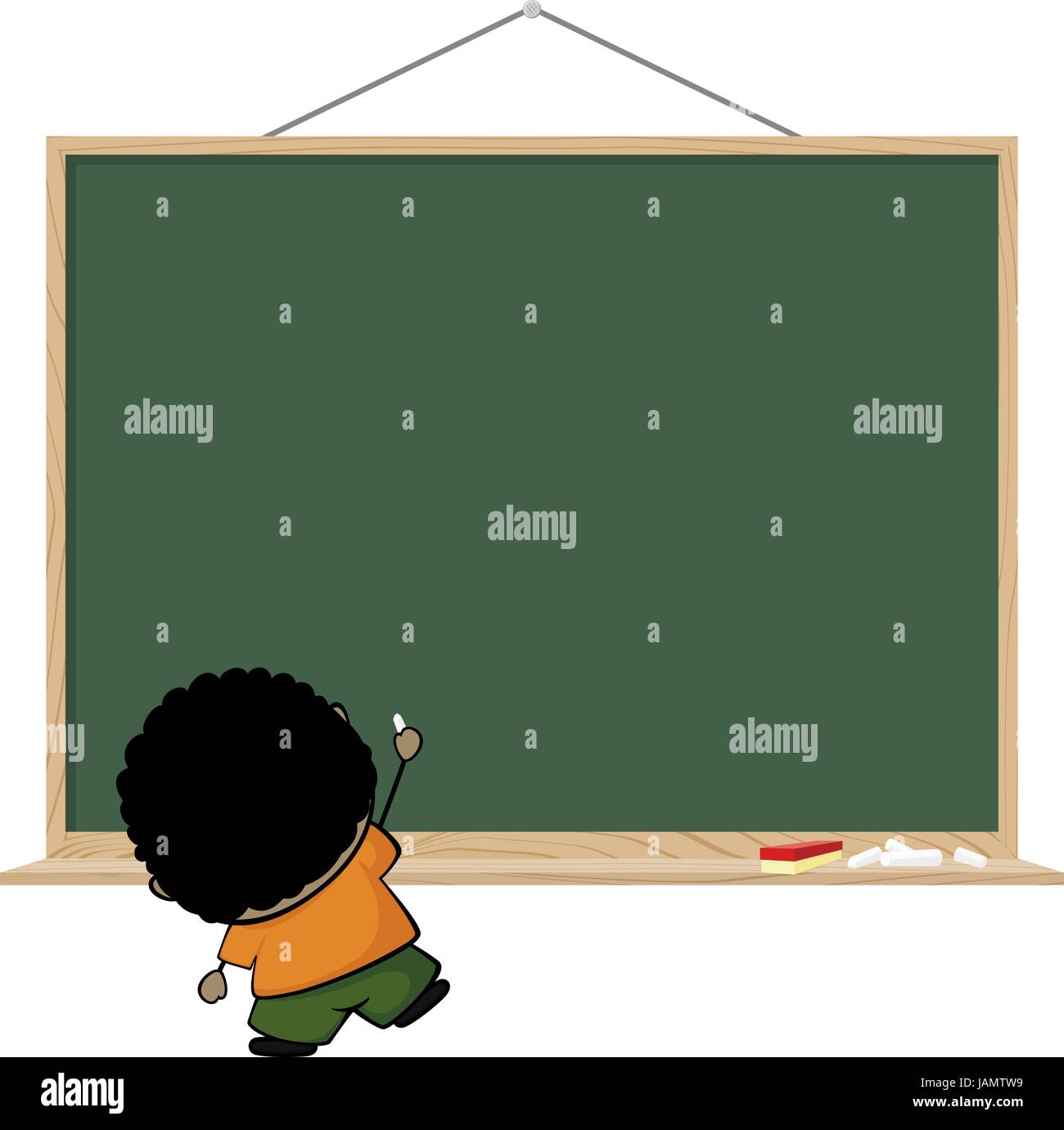 little brown kid writing on blank blackboard isolated on white ...