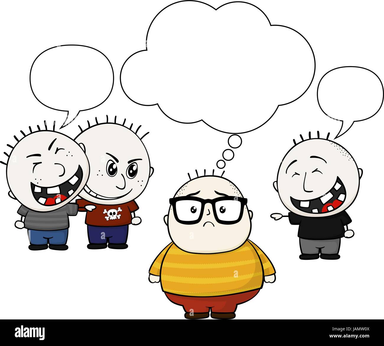 fat kid and bullies with blank balloon text isolated on white ...