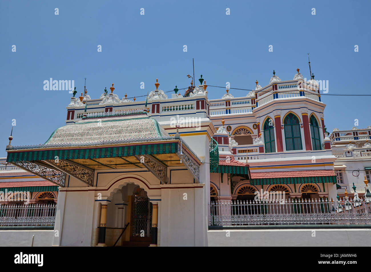 Facade of the Chettinad palace also called raja's palace, village of Karaikudi also called ...