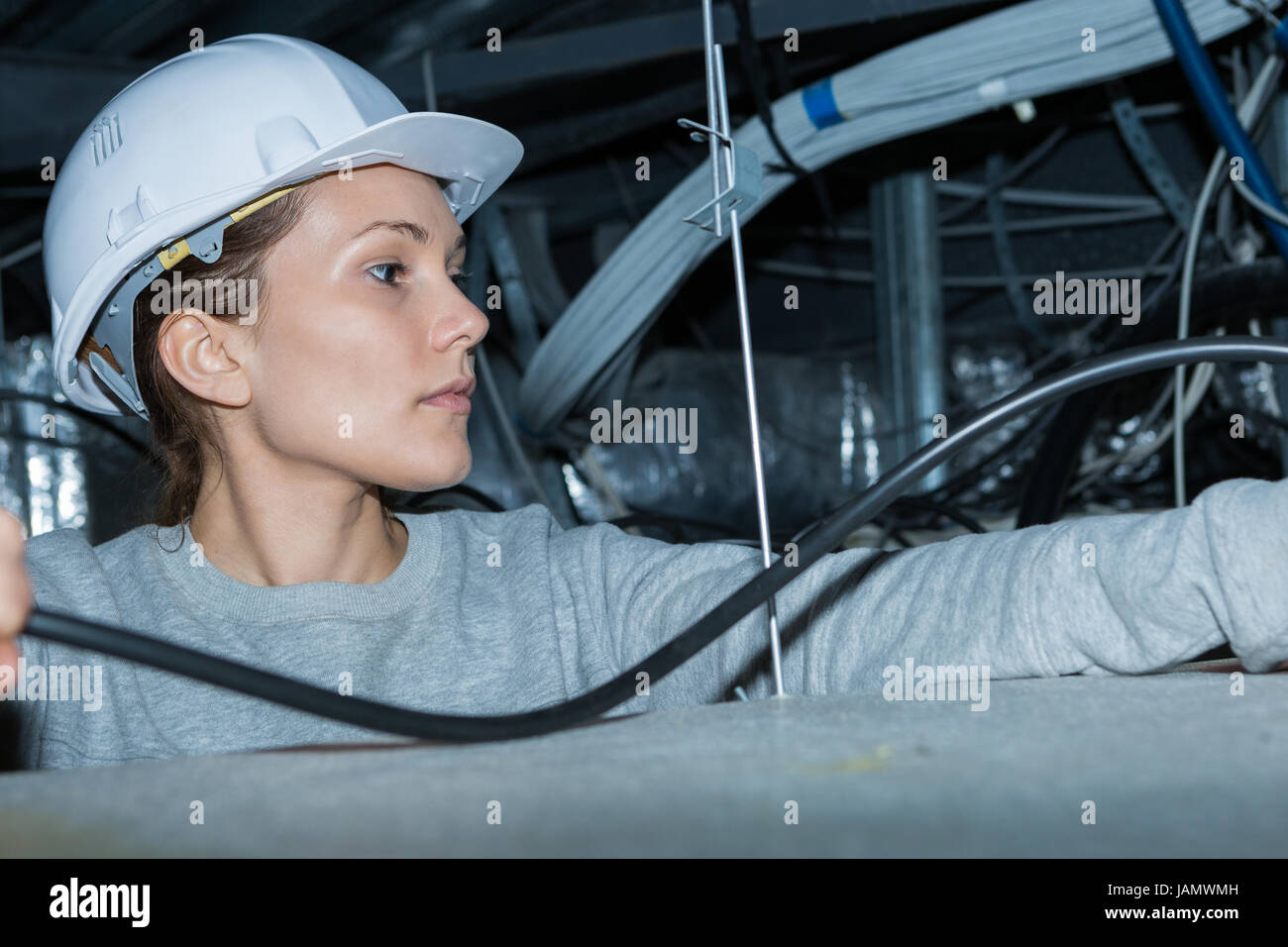 woman holding cables overhead in roofspace Stock Photo - Alamy