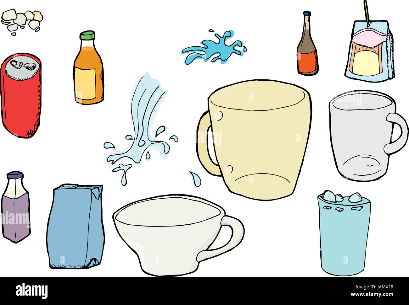 Assorted beverage cups and containers with splashes and ice Stock Photo ...