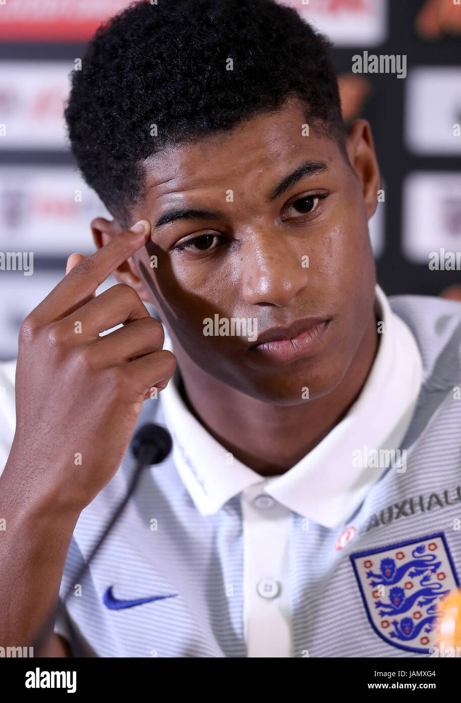 England's Marcus Rashford speaks during the media day at Hilton St ...