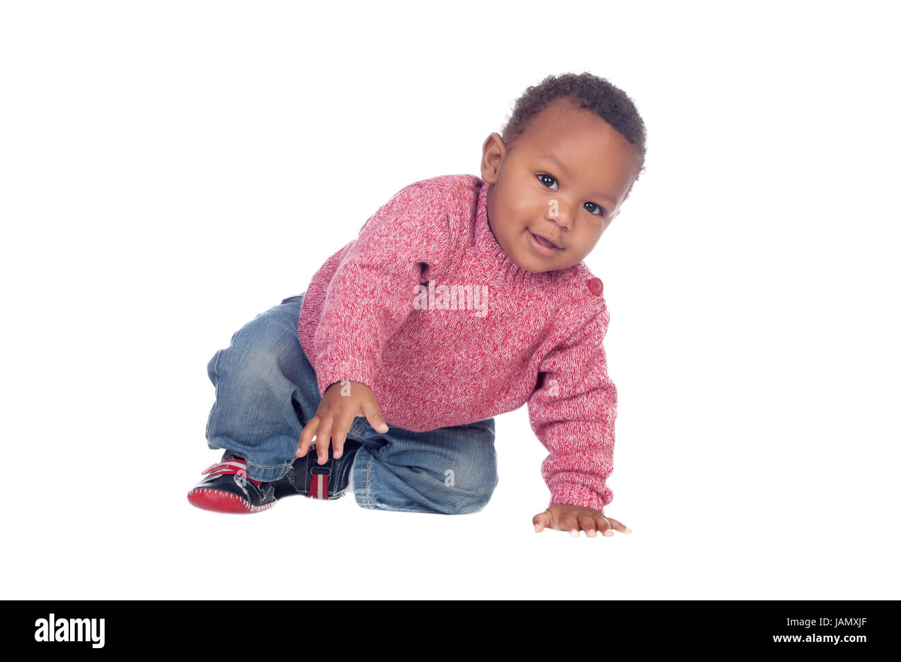 Beautiful African American baby crawling isolated on a white background ...