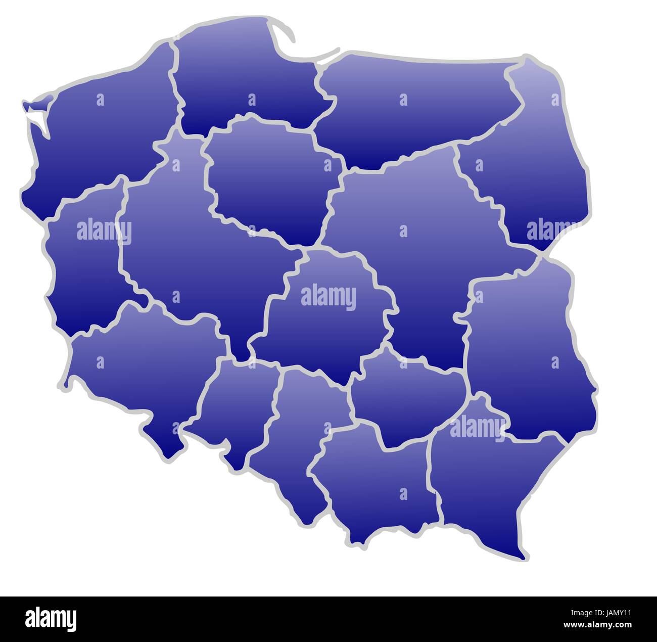 Map of Poland in a blue color isolated on a white background with 16 ...