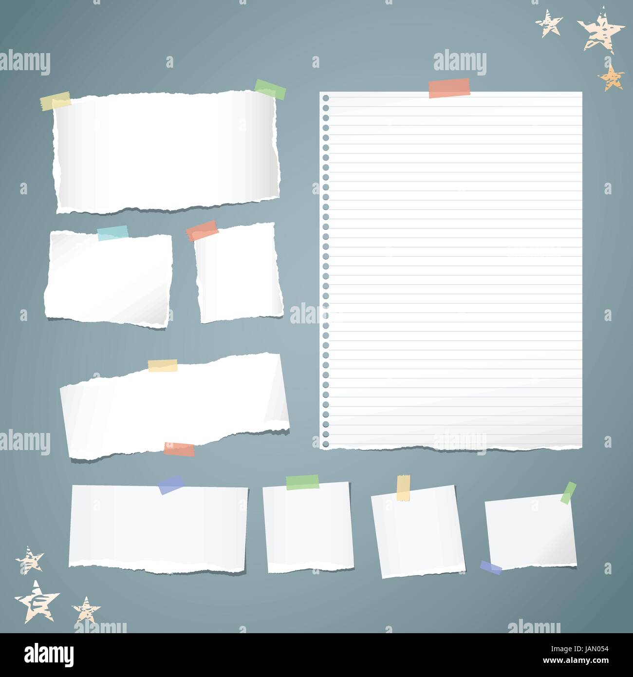 Ripped white note, notebook, copybook paper strips stuck with colorful ...