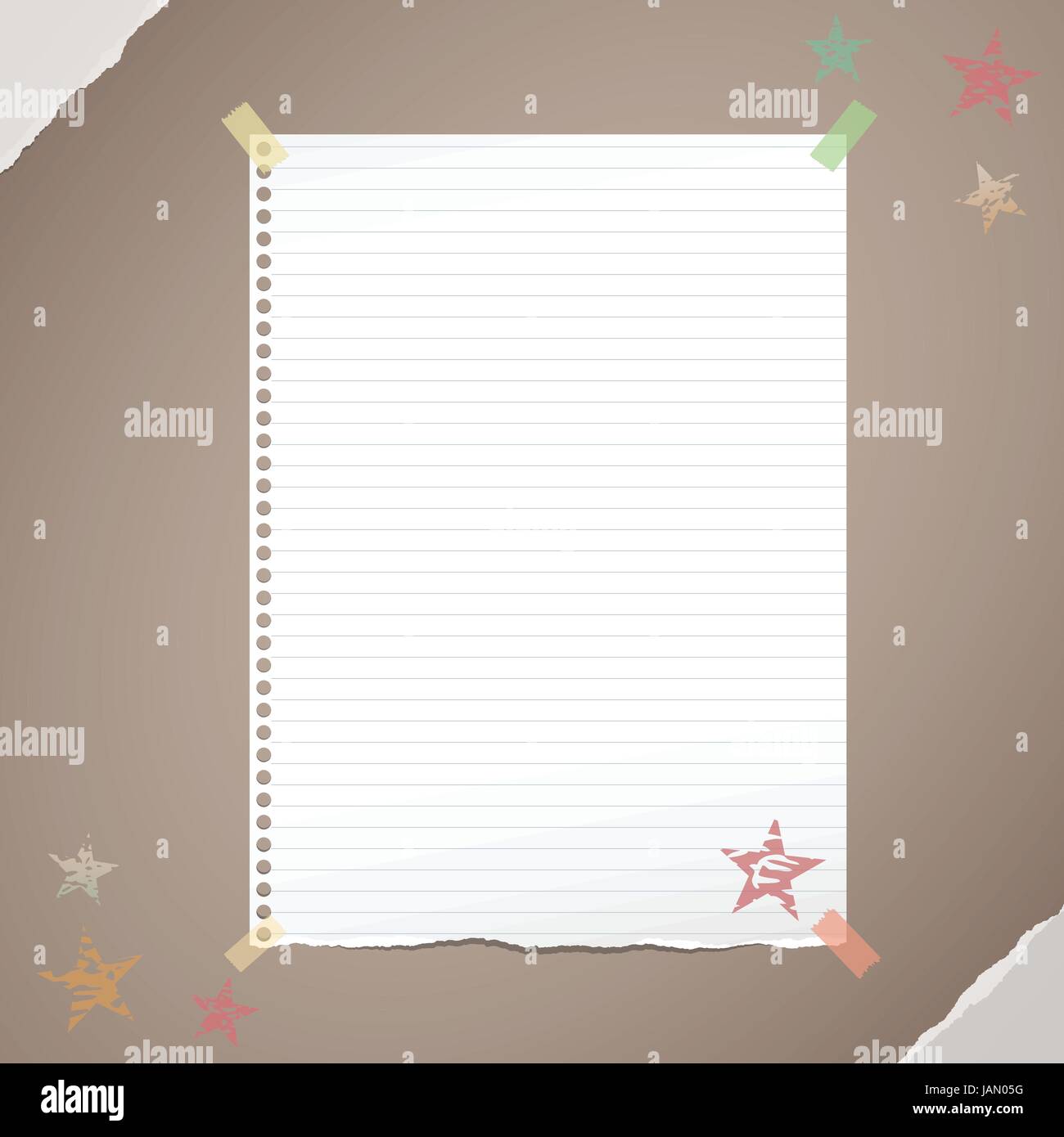 Torn white note, notebook, copybook paper sheet stuck with colorful ...