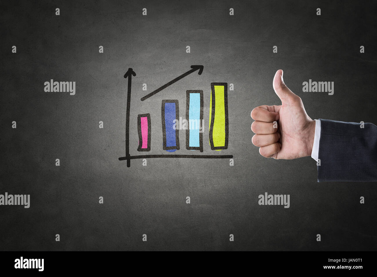 businessman hand thumbs up sign with business progress report on black ...