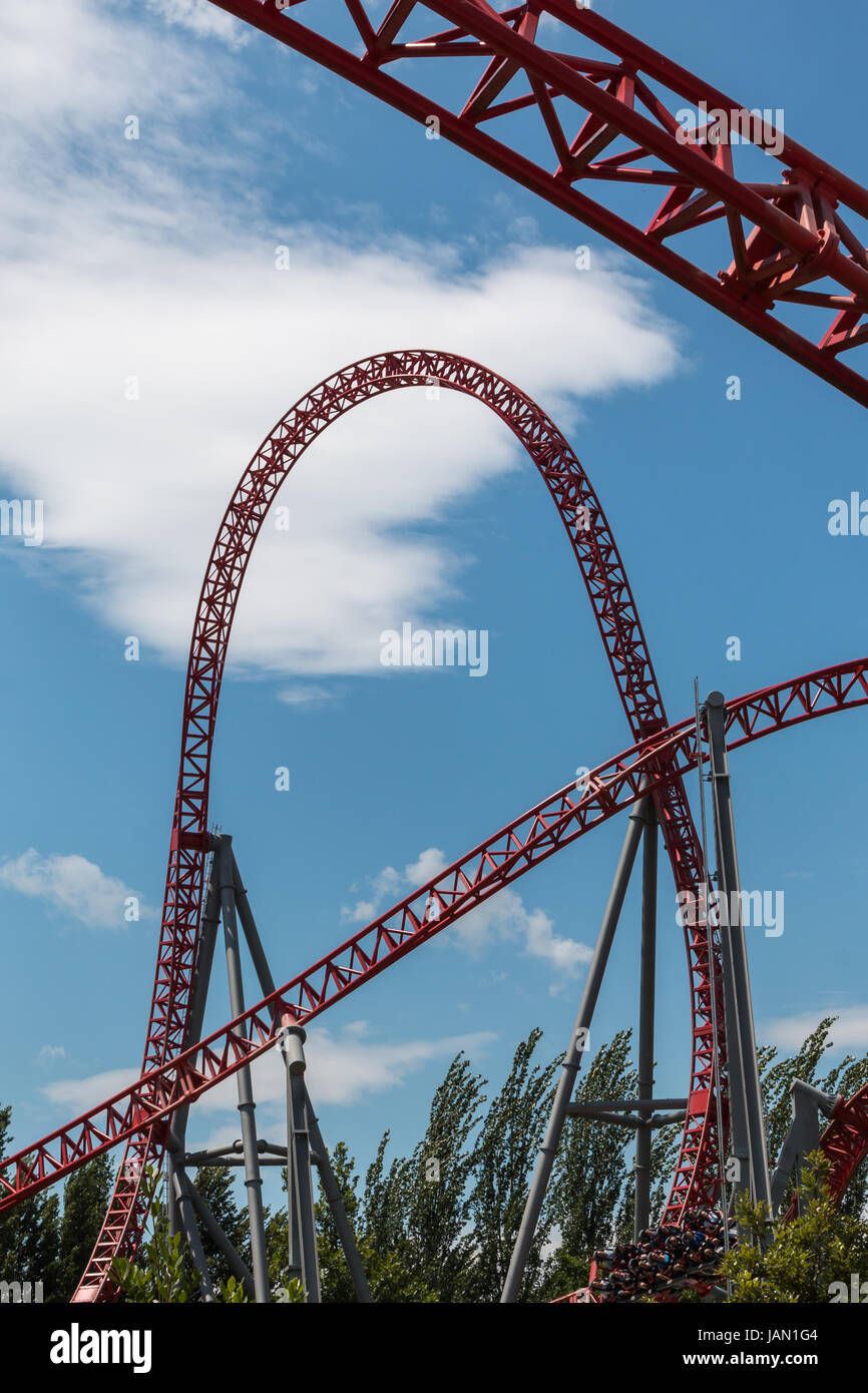 Red Roller-coaster Track inside Public Amusement Park Stock Photo - Alamy