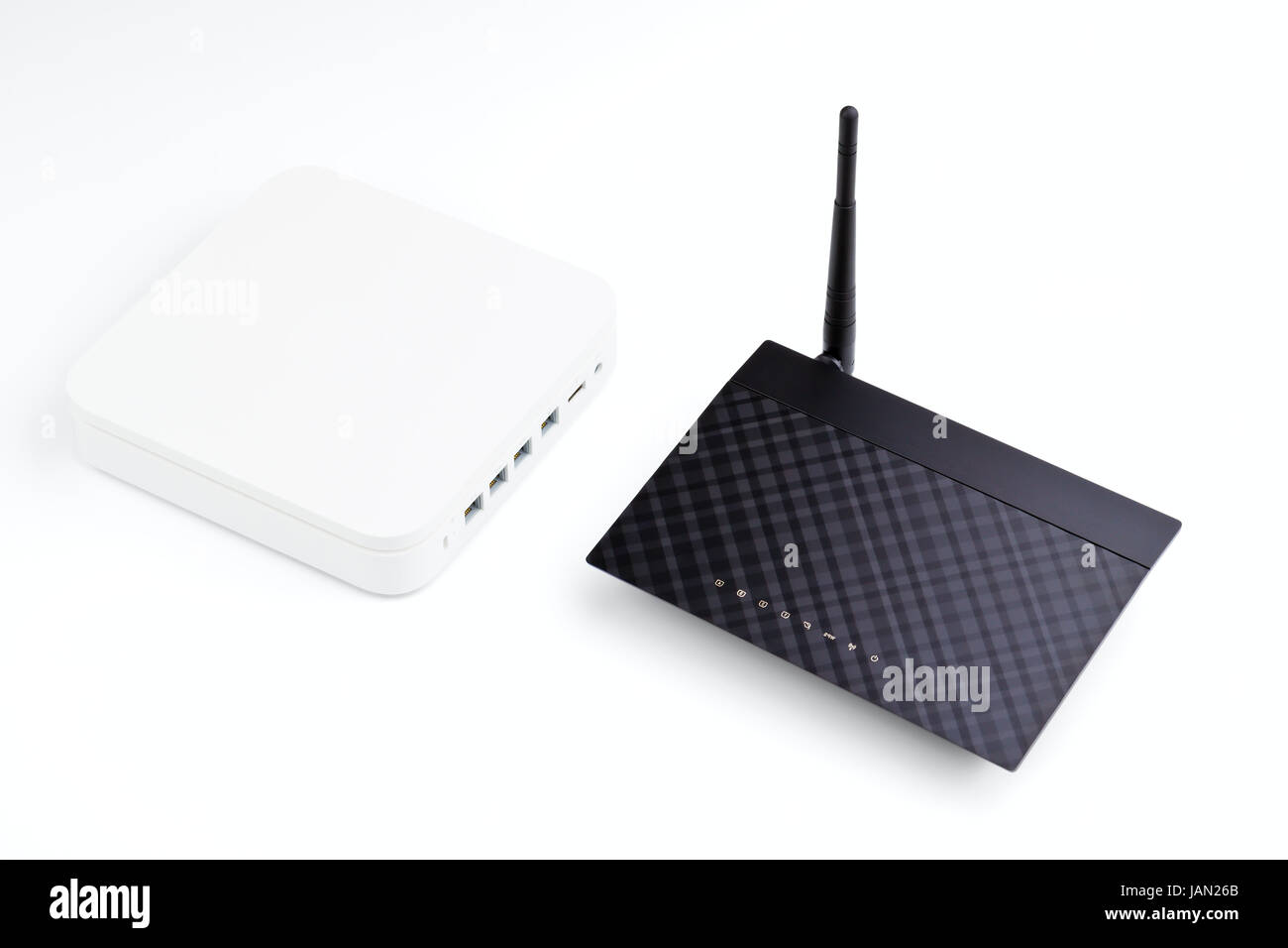 White and black wireless routers isolated on a white background Stock ...