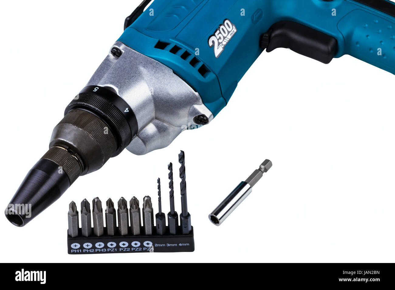 electric screw-driver with the holder and nut tips isolated on a white ...