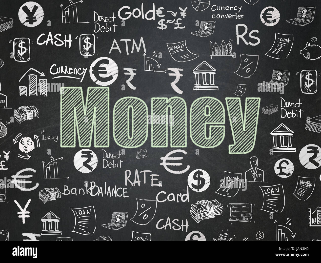 Currency concept: Chalk Green text Money on School board background ...