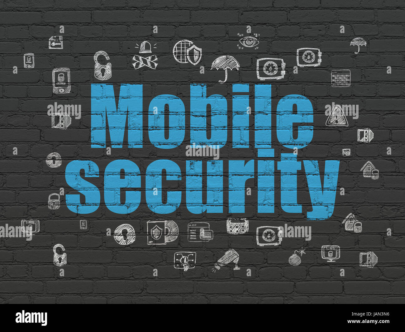 Safety concept: Painted blue text Mobile Security on Black Brick wall ...