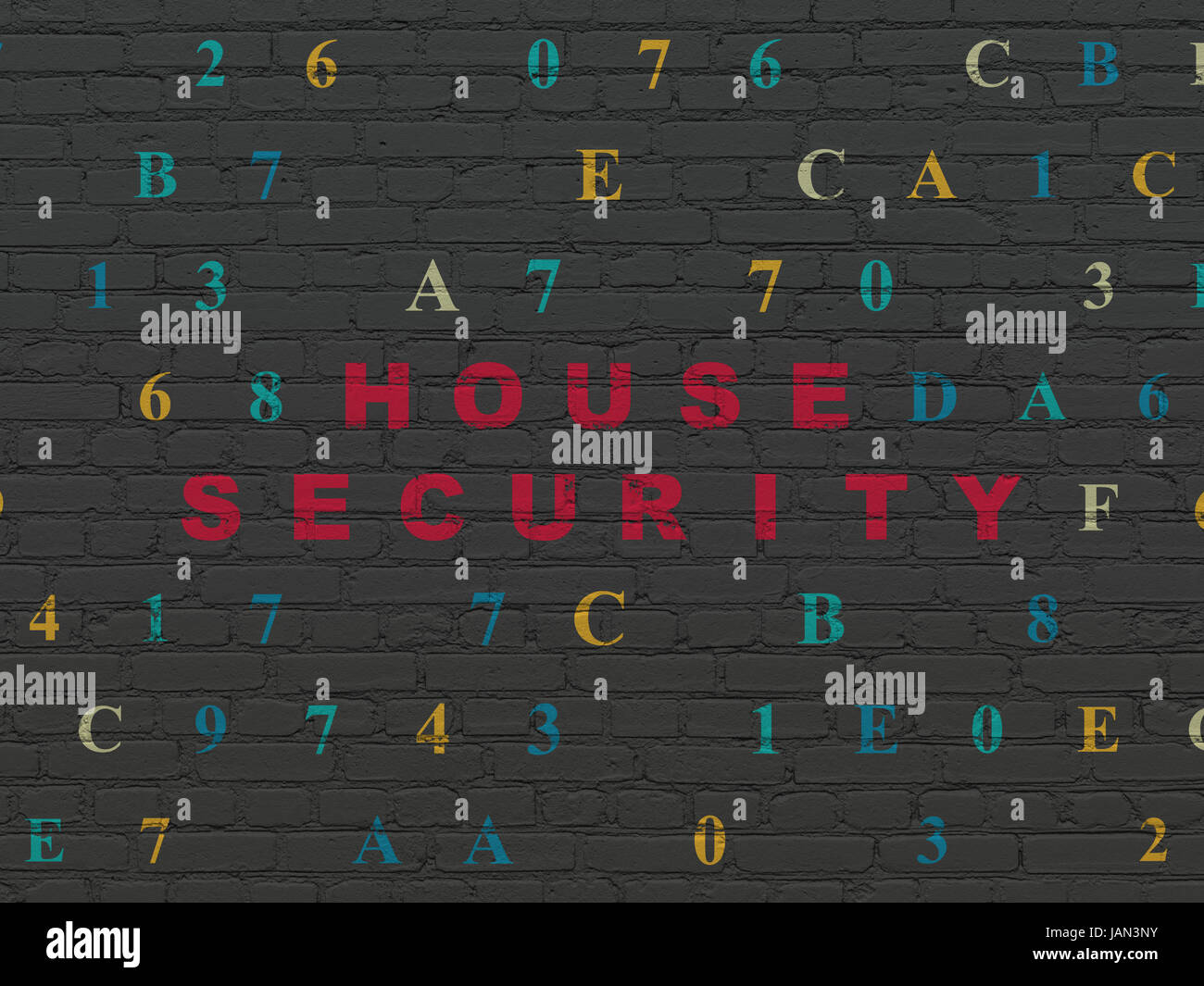 Protection concept: Painted red text House Security on Black Brick wall ...