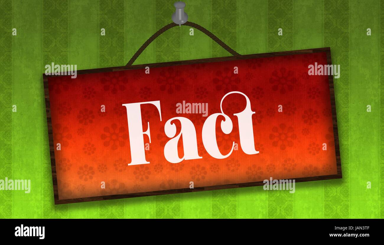 FACT text on hanging orange board. Green striped wallpaper background ...