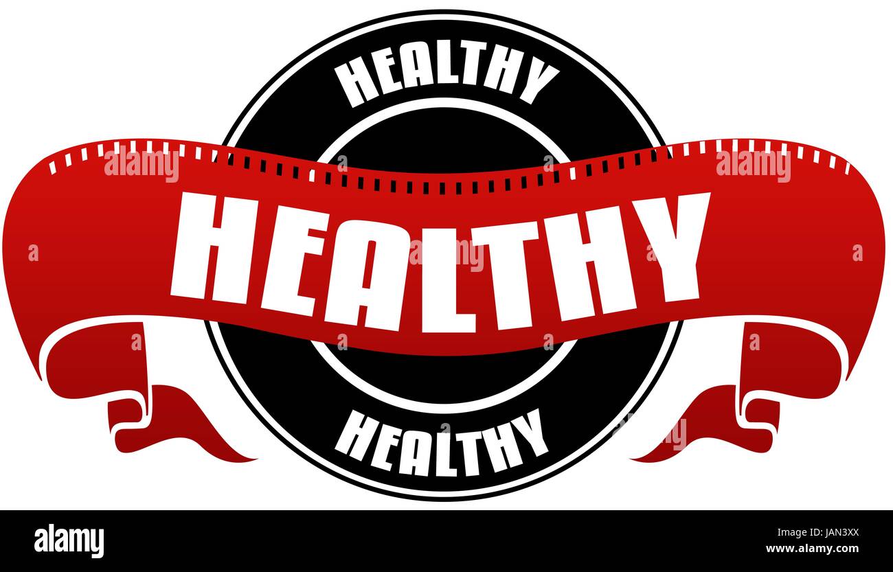 Black and red HEALTHY badge and ribbon. Illustration concept Stock ...