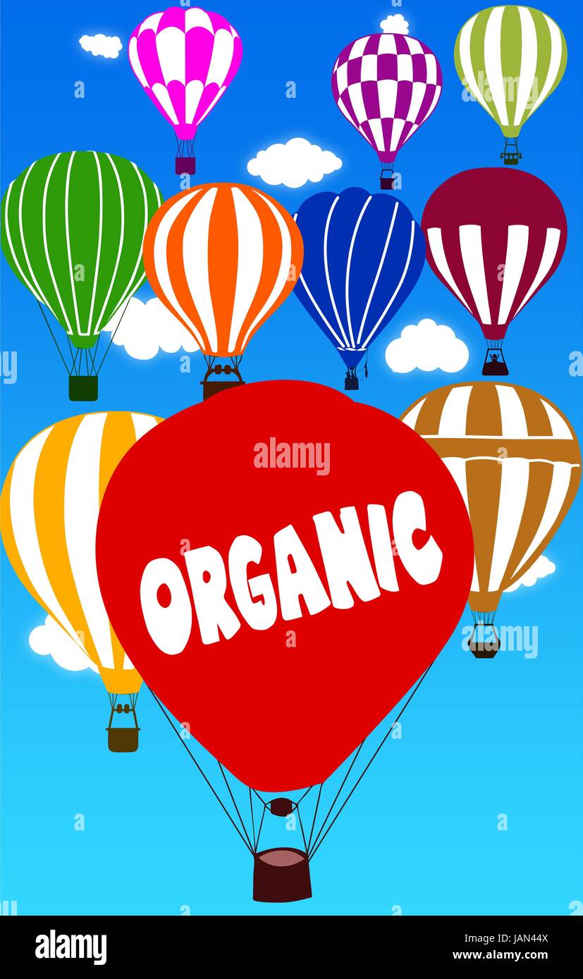 ORGANIC written on hot air balloon with a blue sky background ...